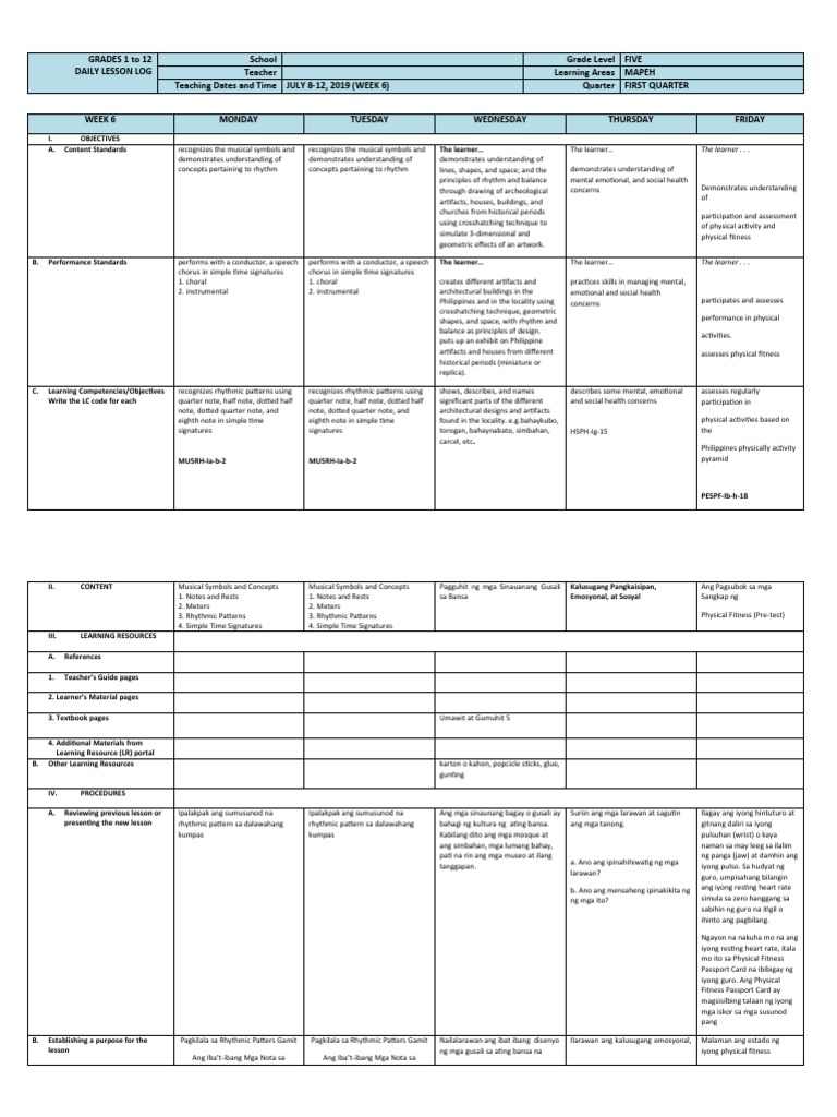 DLL - Mapeh 5 - Q1 - W6 | PDF | Learning | Cognitive Science