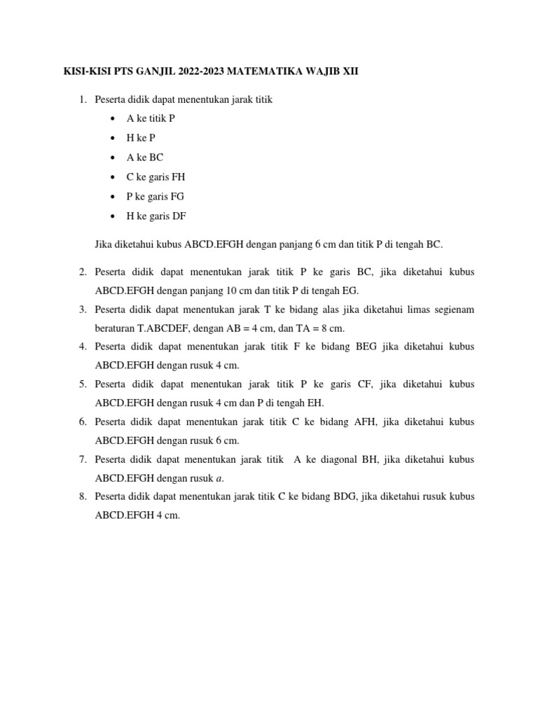 Kisi-Kisi PTS Ganjil 22-23 MTK Wajib Xii | PDF | Metode & Bahan Ajar