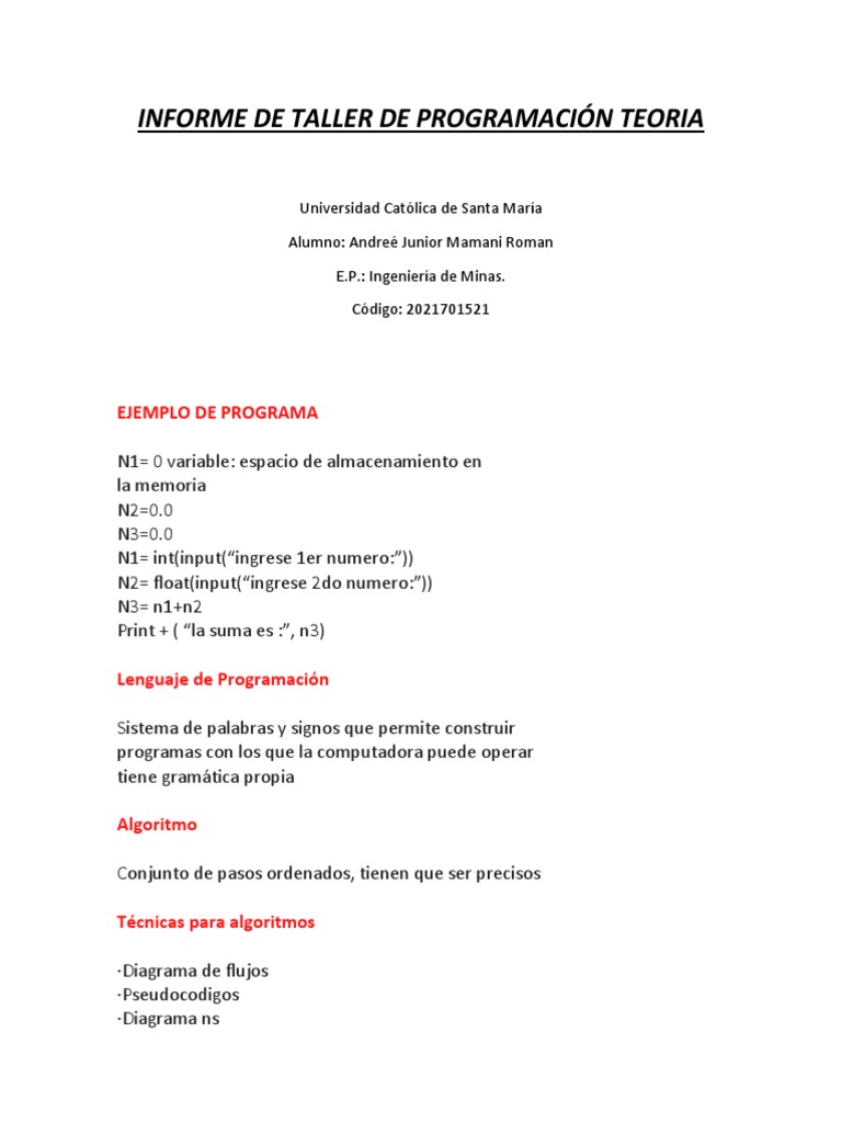 Informe de Taller de Programación Teoria | PDF | Python (lenguaje de programación) | Algoritmos