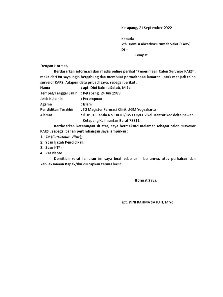 Lamaran Surveior KARS Dini Rahma | PDF