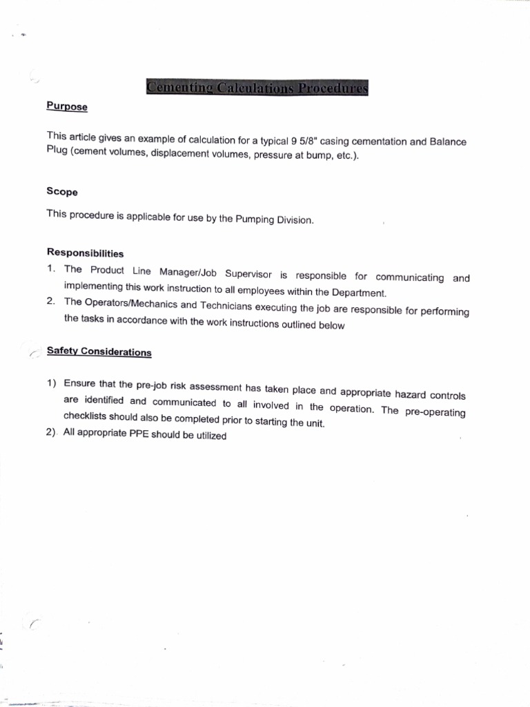 Calculations For Cementing | PDF | Casing (Borehole) | Pressure
