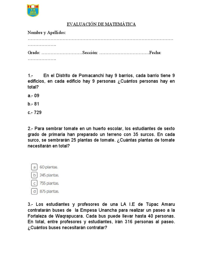 Evaluacion de Matematica | PDF