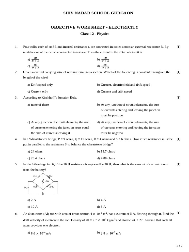 Current Electricity - Objective Worksheet | PDF | Electrical Resistance And Conductance ...