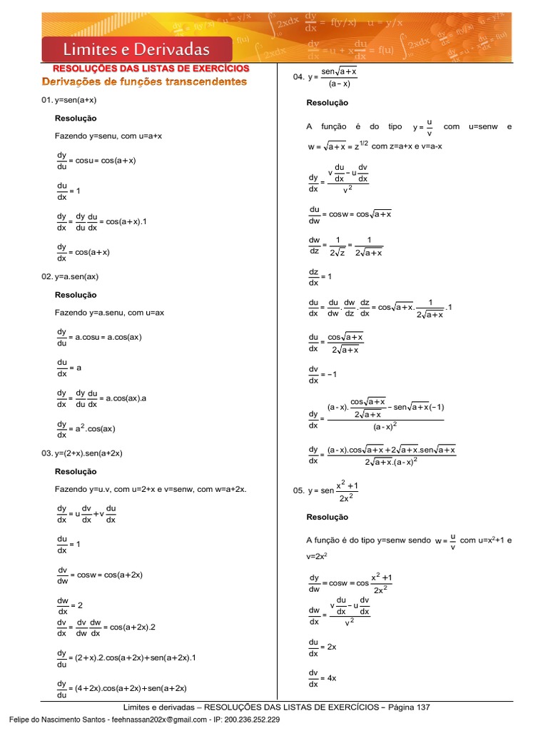 16.derivadas de Funções Transcendentes-Lista de Exercícios - Resoluções ...
