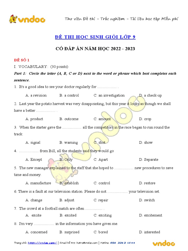 50 de Thi Hoc Sinh Gioi Tieng Anh Lop 9 | PDF | Paper