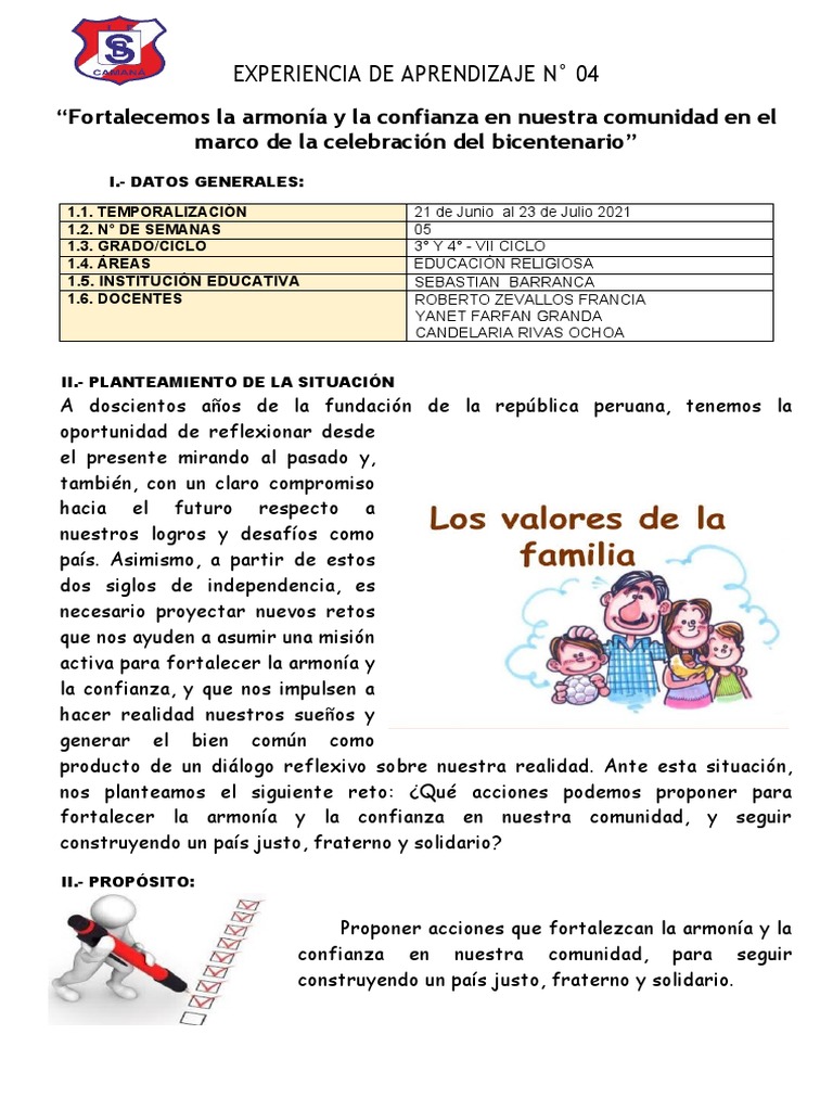 Experiencia De Aprendizaje N 4 Vii Ciclo Pdf Jesús