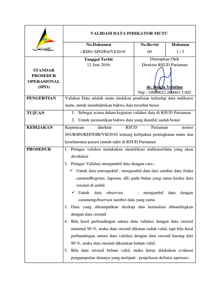 Spo Validasi Data Indikator Mutu | PDF | Bisnis | Teknologi & Rekayasa