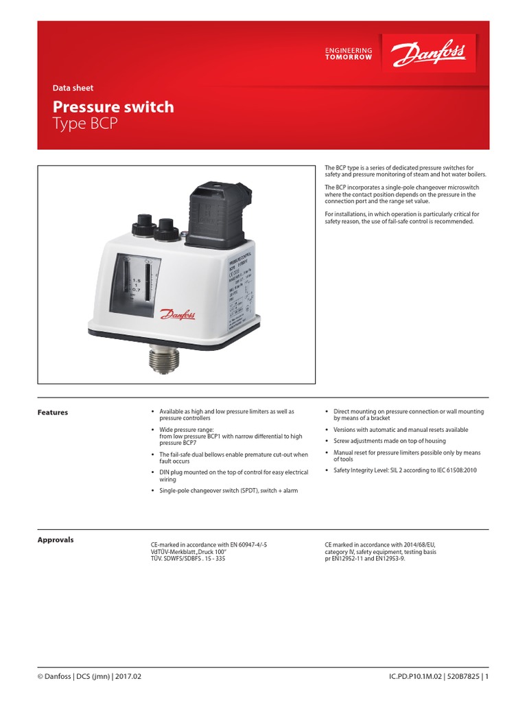 DANFOSS Pressure Switch - Type BCP | Download Free PDF | Switch | Relay