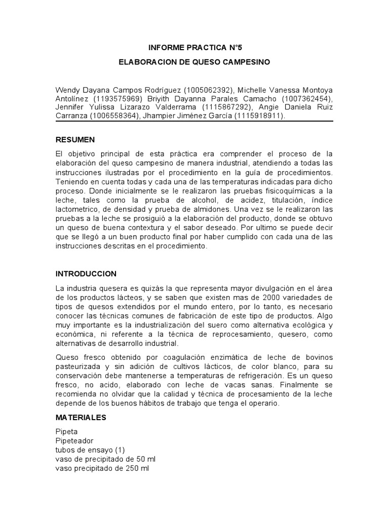 Informe 5 Queso Campesino | PDF | Queso | Leche