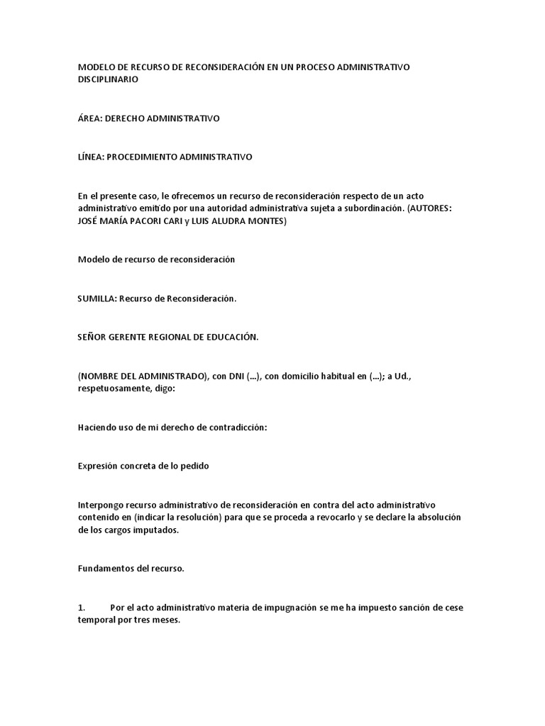Modelo de Recurso de Reconsideración en Un Proceso Administrativo Disciplinario | PDF