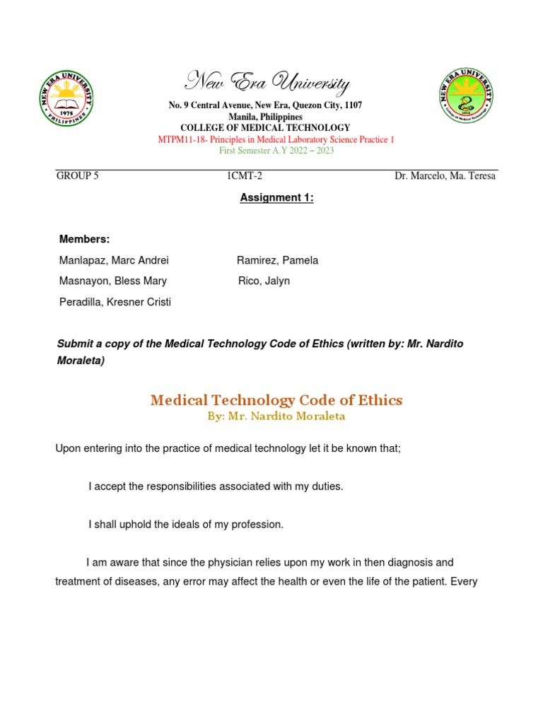 Assignment 1 Medical Technology Code of Ethics | PDF | Medicine ...