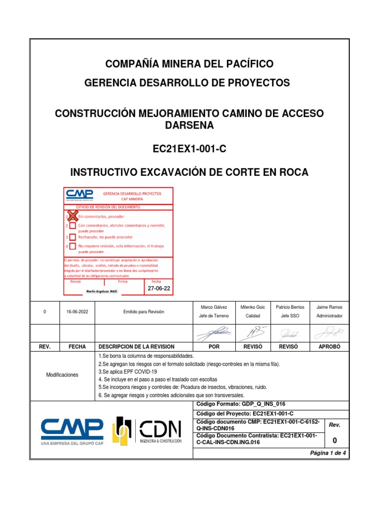 Instructivo Excavación Corte Roca CMP | PDF