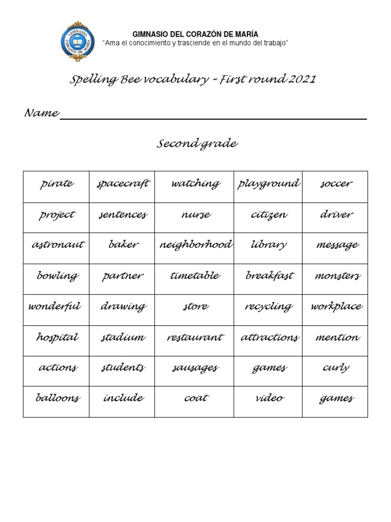 SPELLING BEE - Vocabulary Second Grade | PDF