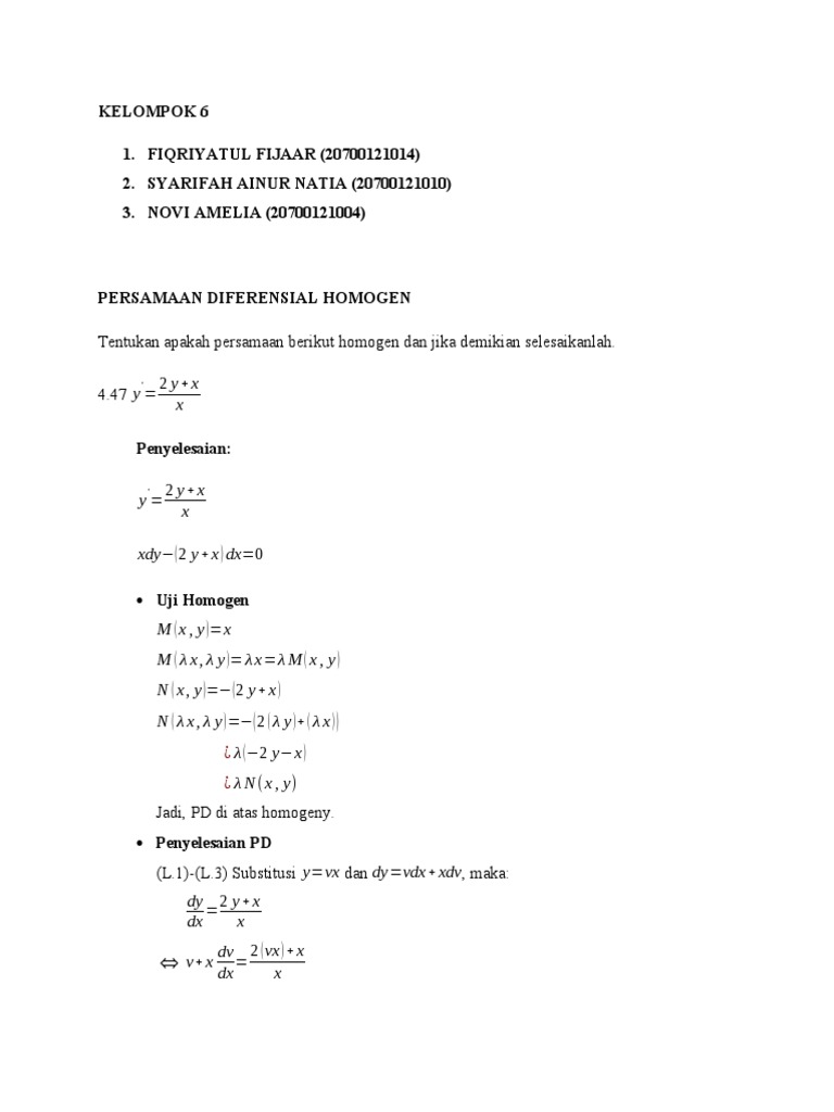 Persamaan Diferensial Homogen & Eksak | PDF