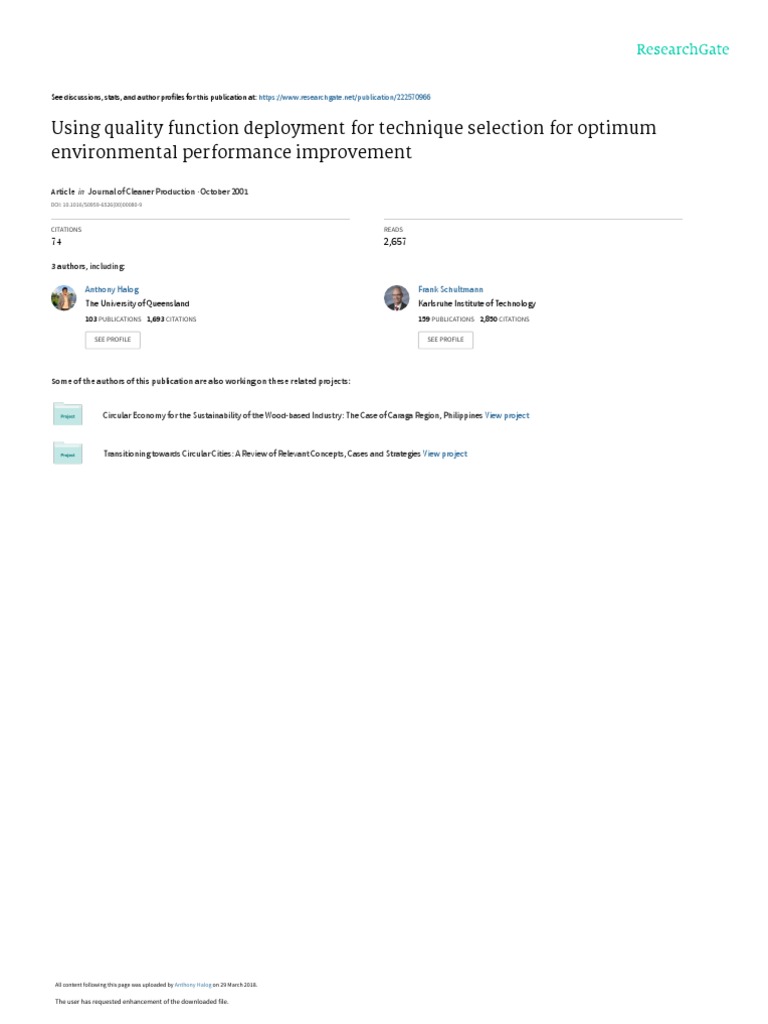 Using Quality Function Deployment For Technique Selection For Optimum Environmental Performance ...