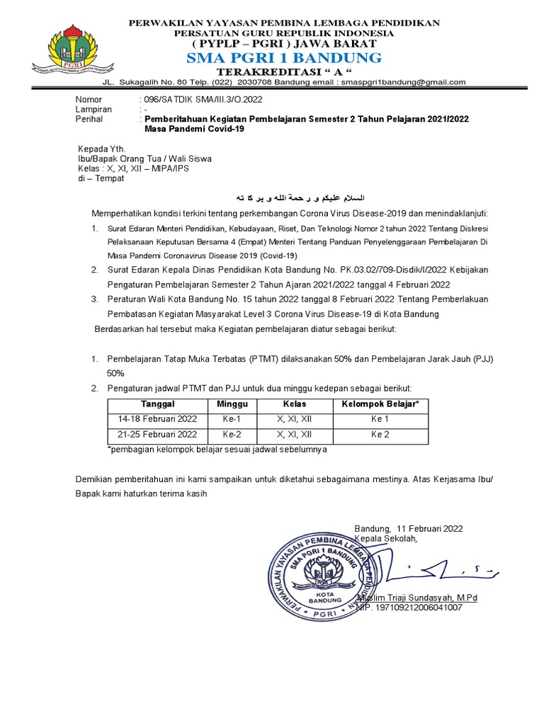 Surat Pemberitahuan Kegiatan Belajar 50% | PDF