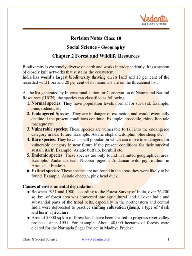 CBSE Class 10 Geography Chapter 2 Notes - Forest and Wildlife Resources ...