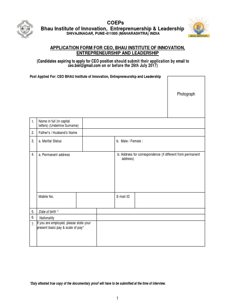CEO Application Form for Bhau Institute of Innovation | PDF