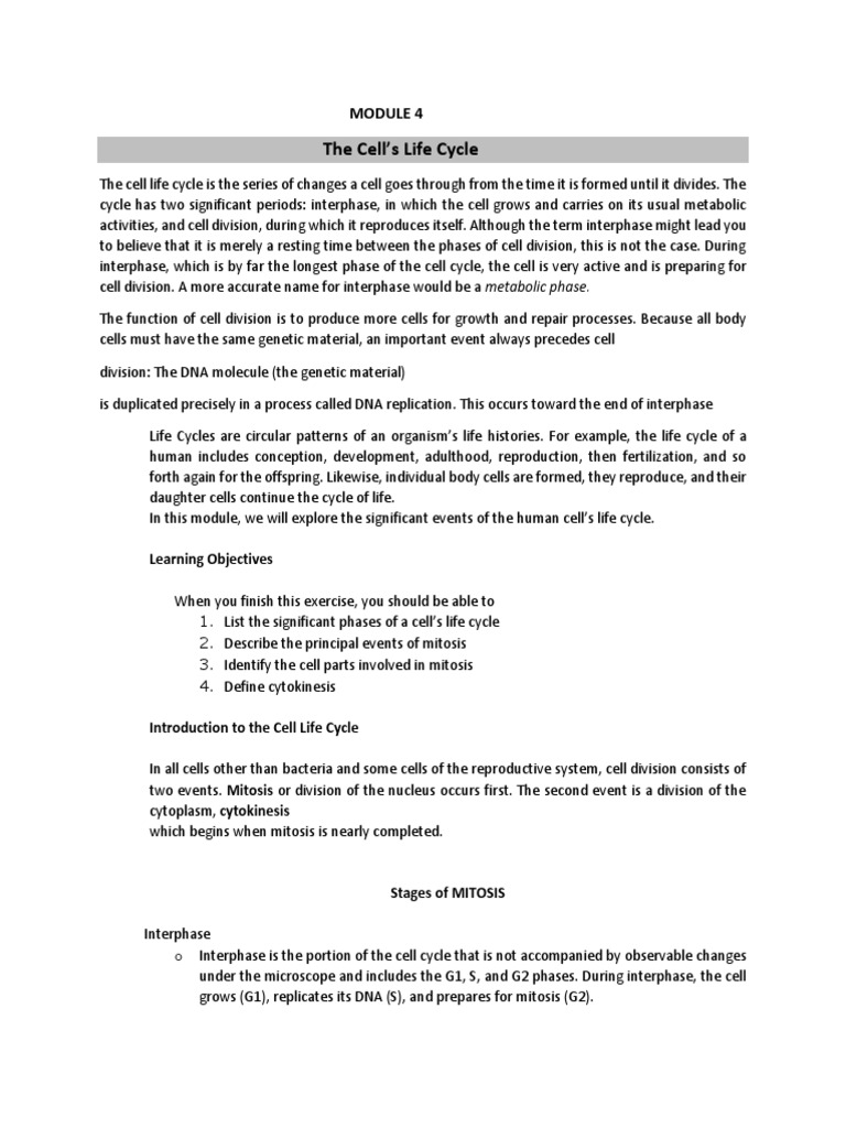 Module 4-The Cell's Life Cycle | PDF | Mitosis | Cell (Biology)