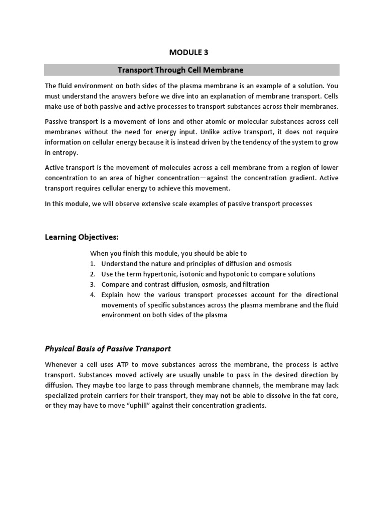 Module 3 - Transport Through Cell Membrane | PDF | Osmosis | Cell Membrane