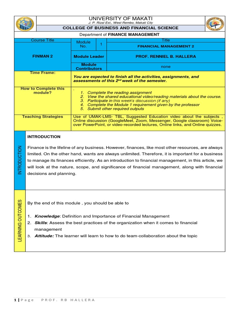 Module 1 UMAK Financial Management | PDF | Financial Statement ...