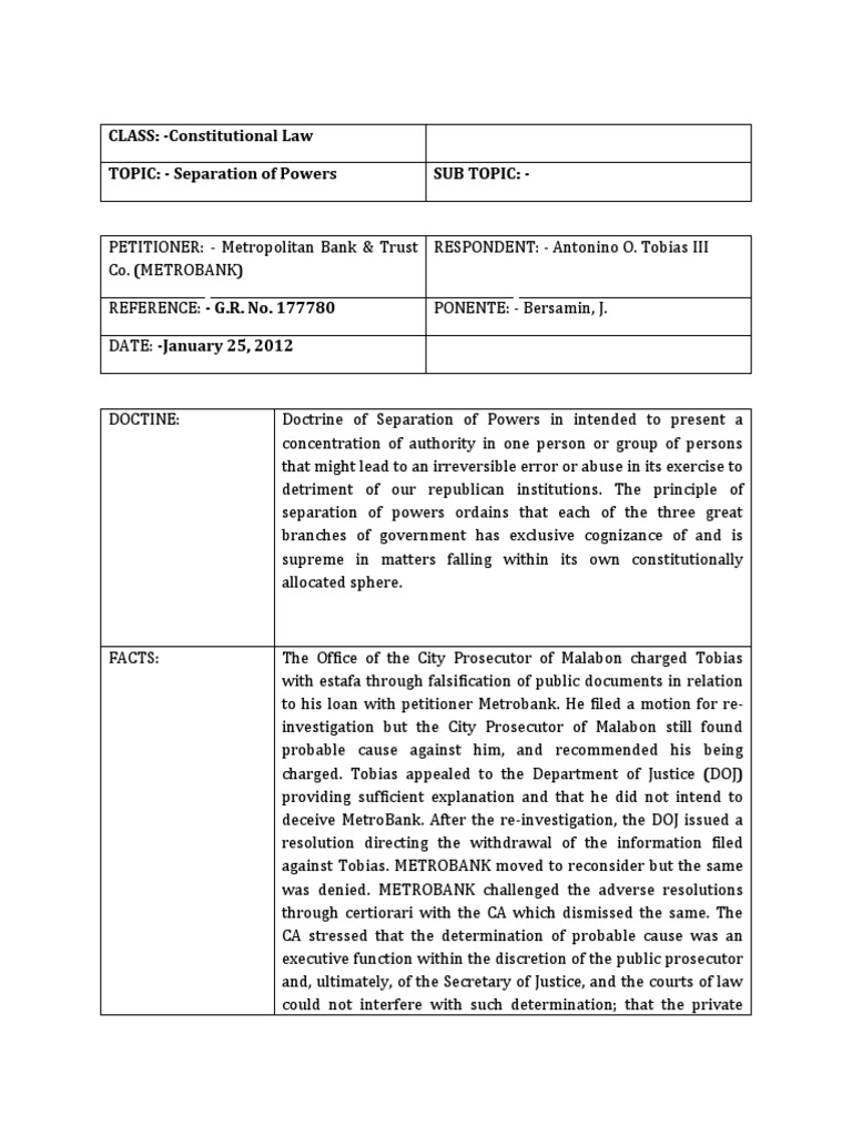 Constitutional Law Metropolitan Bank & Trust Co. G.R. No. 177780 | PDF ...