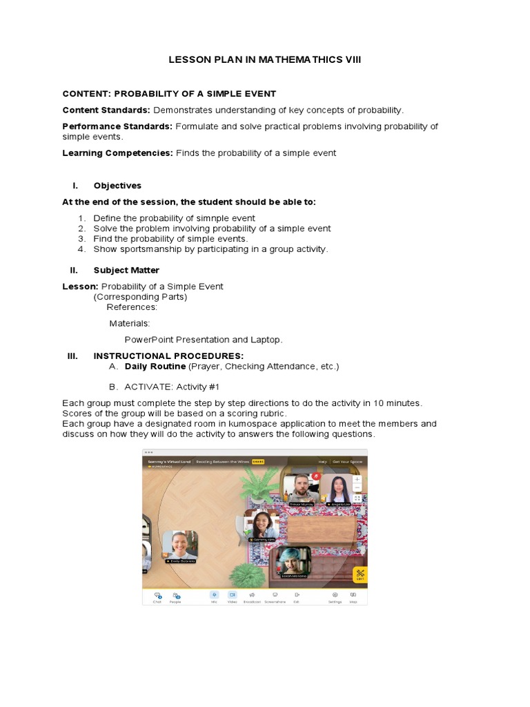 Probability of Simple Events Lesson Plan | PDF | Probability | Learning
