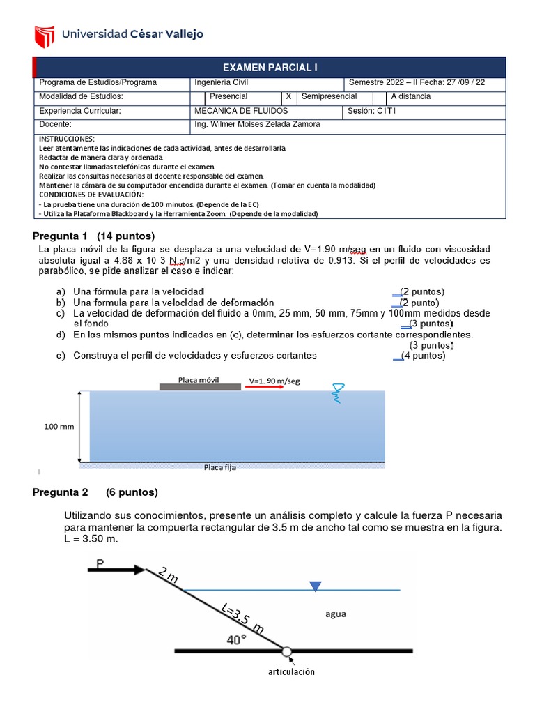 Examen Parcial I Mecanica de Fluidos Ucv | PDF