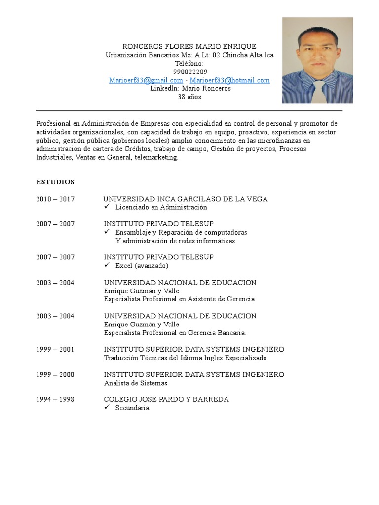 CV Mario Ronceros: Administrador Experto | PDF | Economias | Business