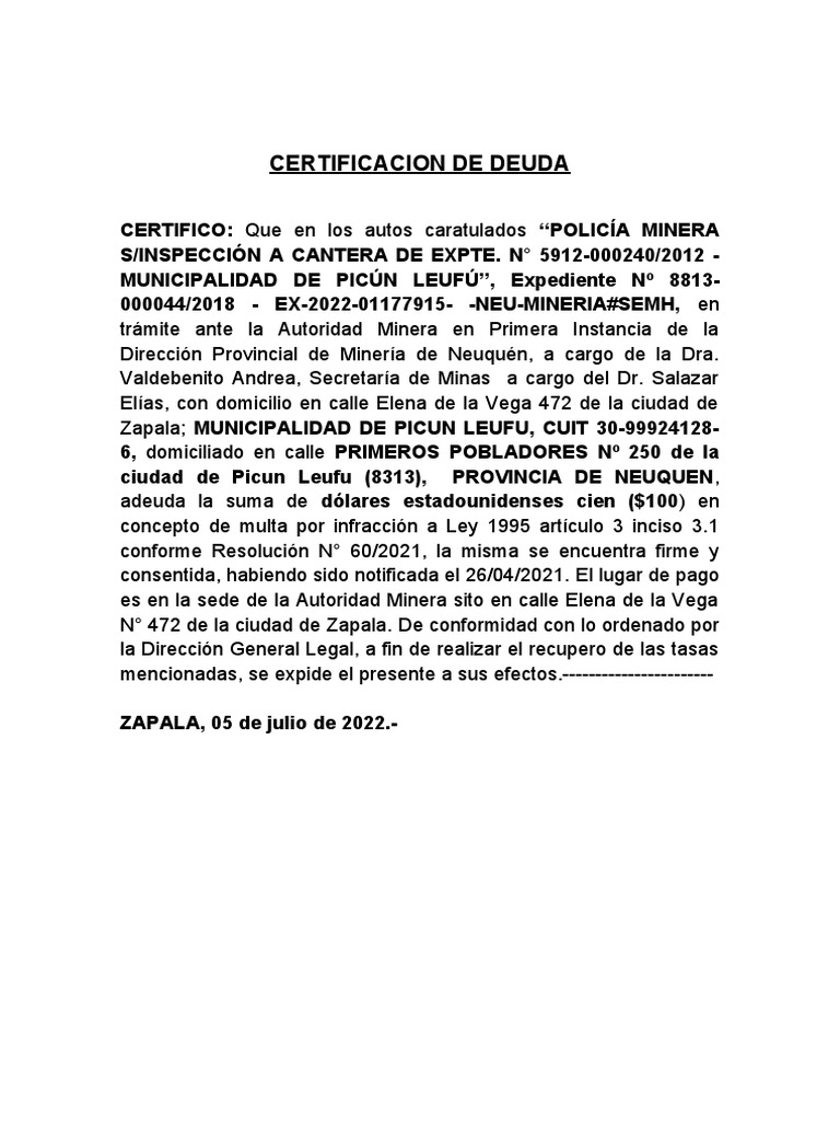 Certificacion de Deuda | PDF