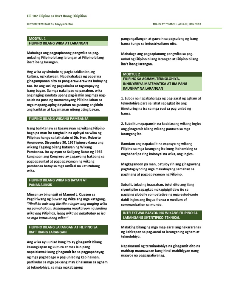 FILI 102 Modyul 1 and 2 | PDF