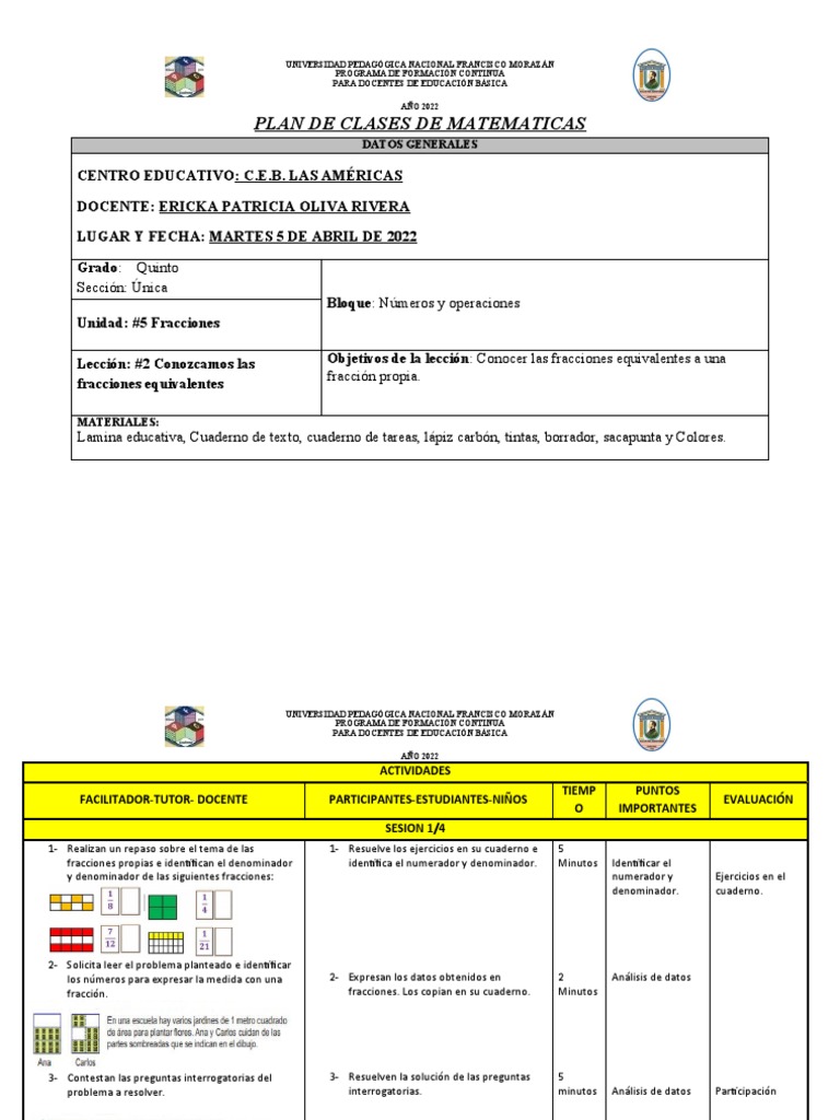 Plan de Matematicas Quinto Grado Ericka Oliva | PDF | Educación ...
