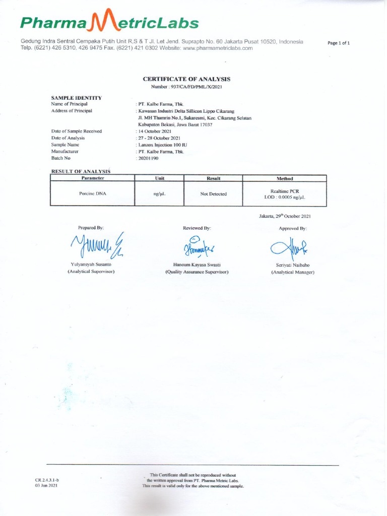 Certificate of Analysis Lanzox 100 IU | PDF
