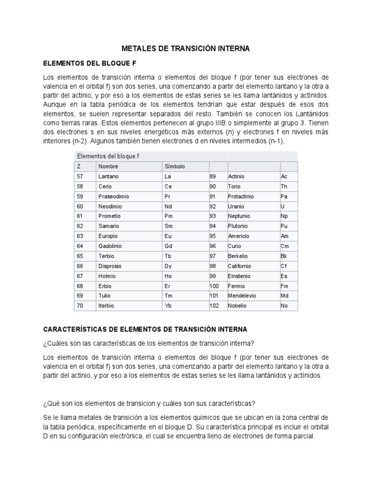 Metales de Transición Interna: Características | PDF | Metales de ...