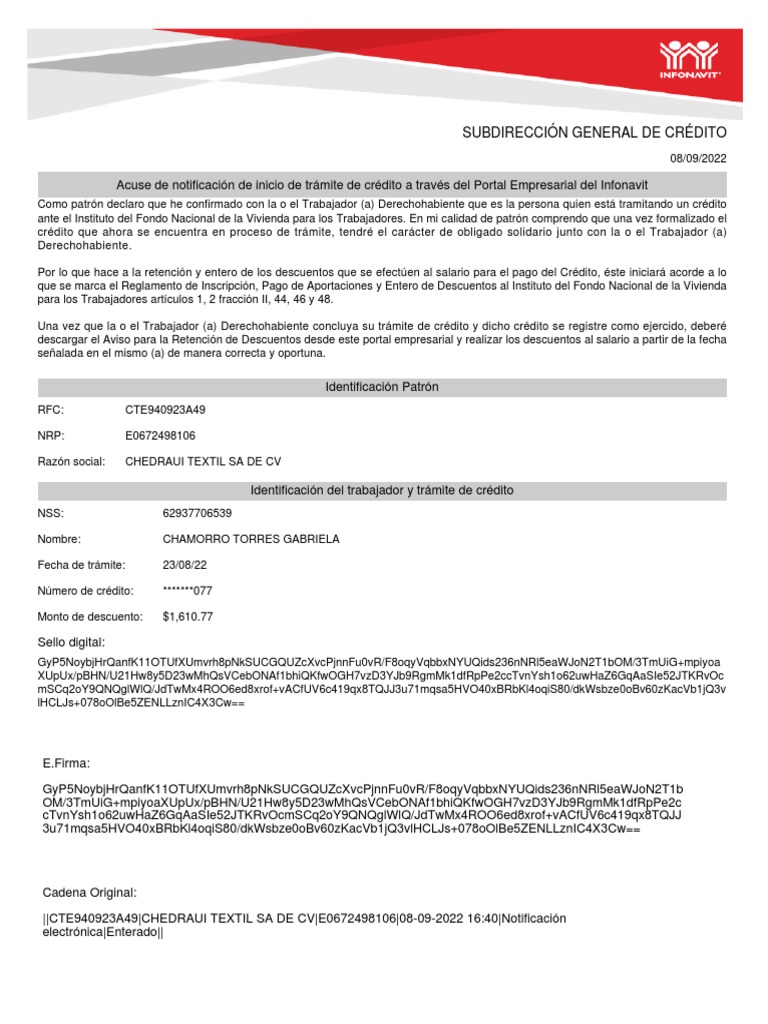 Acuse Enterado de Tramite Credito 2122077077 62937706539 | PDF