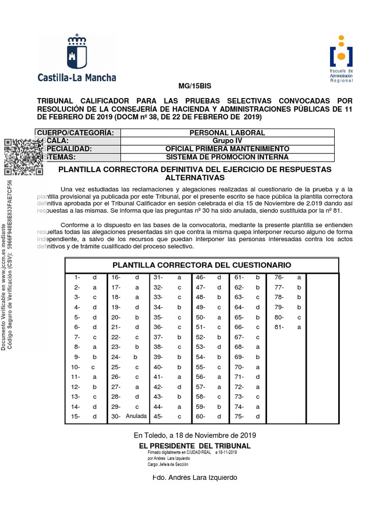 Plantilla Correctora Pruebas Selectivas JCCM | PDF