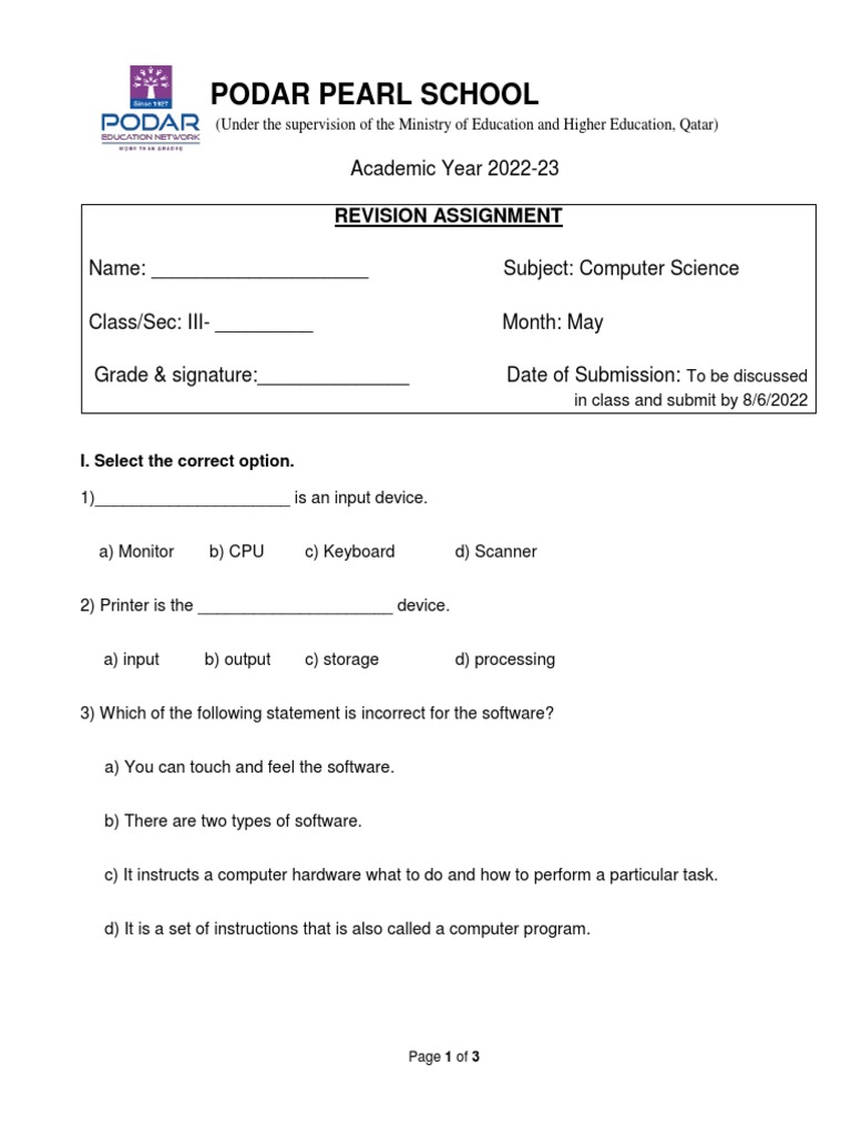 Class 3 - REVISION ASSIGNMENT - PT-1 | PDF | Input/Output | Software Class 3 - REVISION ASSIGNMENT - PT-1 | PDF | Input/Output | Software