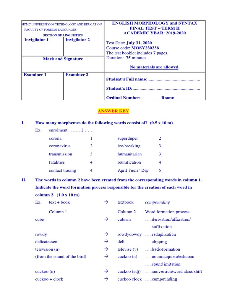 MOSY230236 31.07.2020 AnswerKey 1 | PDF | Language Mechanics | Grammar