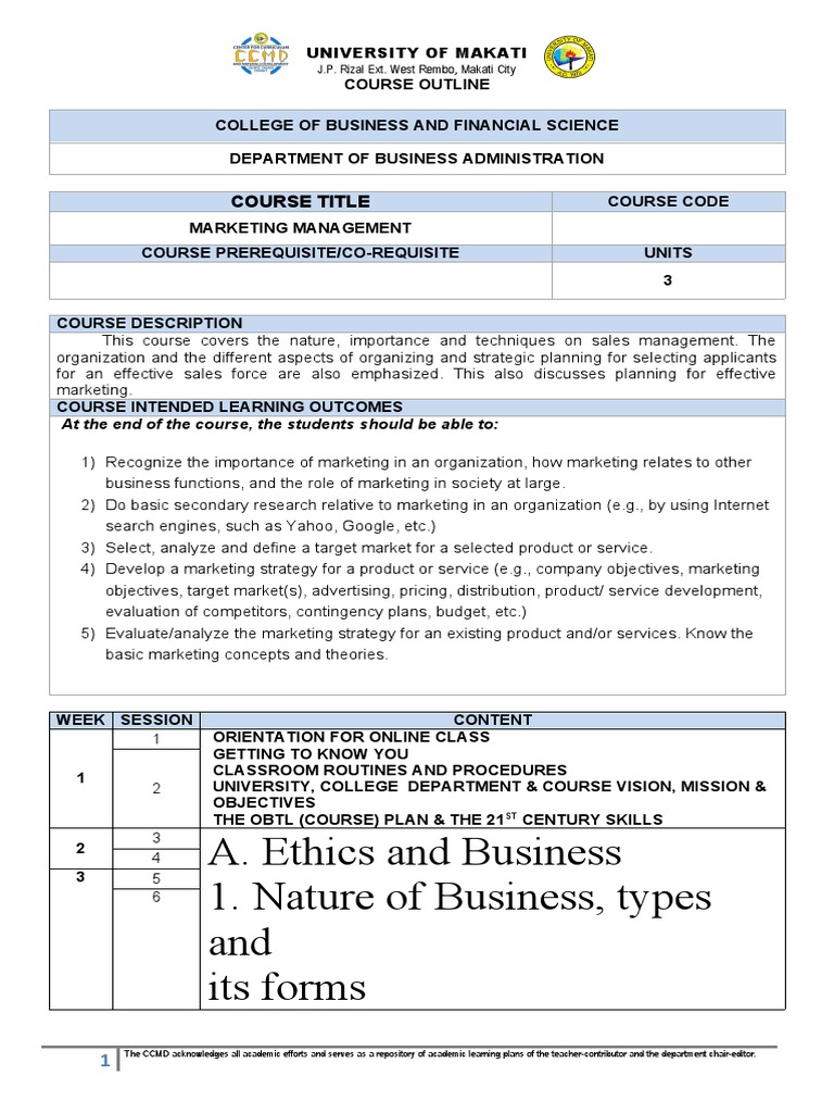 Marketing Management Course Outline | PDF | Marketing | Test (Assessment)