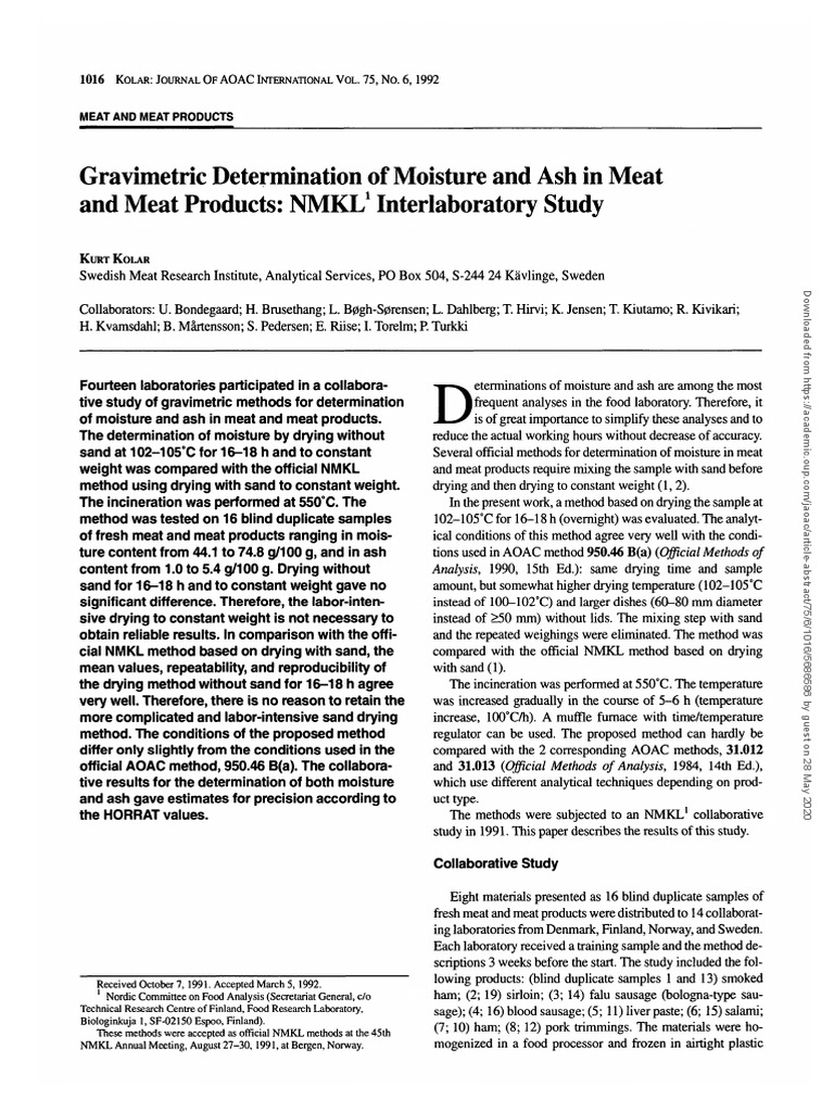 Gravimetric Determination of Moisture and Ash in Meat and Meat Products: Results from an NMKL ...