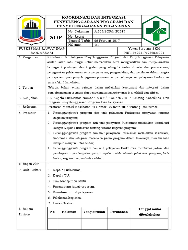 1.2.5.1 Sop Koordinasi Dan Integrasi Penyelenggaraan Program Dan Penyelenggaraan Pelayanan | PDF ...