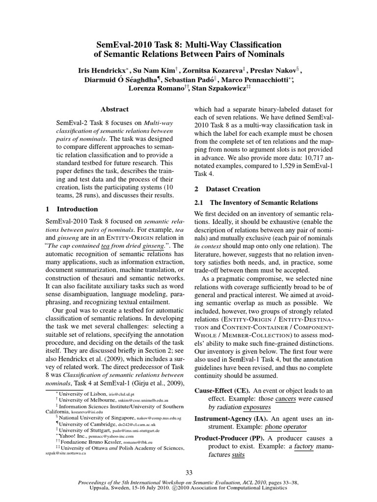 Semeval-2010 Task 8: Multi-Way Classification of Semantic Relations Between Pairs of Nominals ...