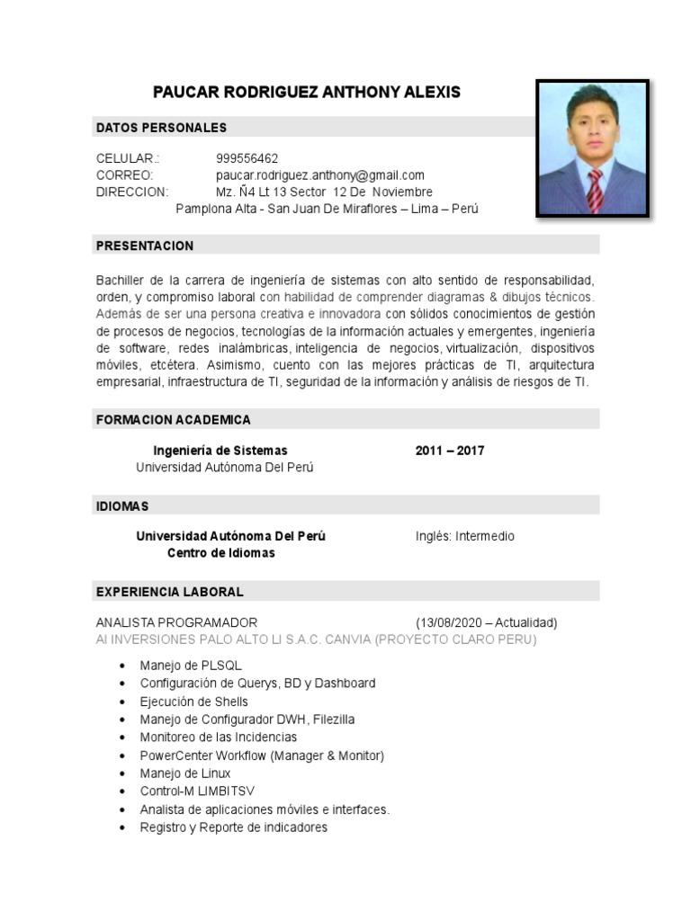 Paucar Rodriguez Anthony Alexis CV Nov-2021 | PDF | Software de la ...