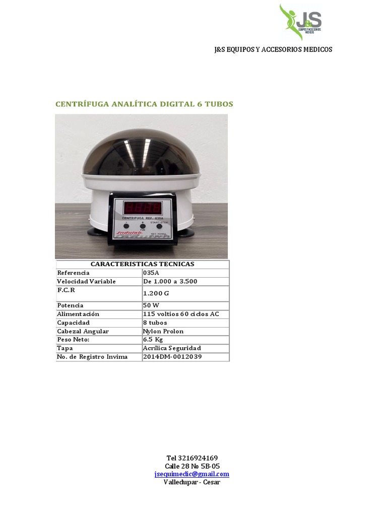 Ficha Tecnica Centrifuga 8 Tubos | PDF