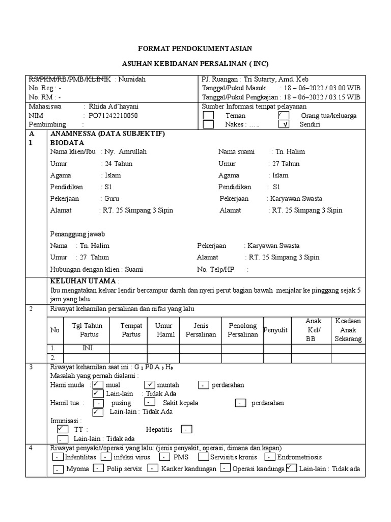Format Pendokumentasian Asuhan Kebidanan Persalinan (Inc) | PDF