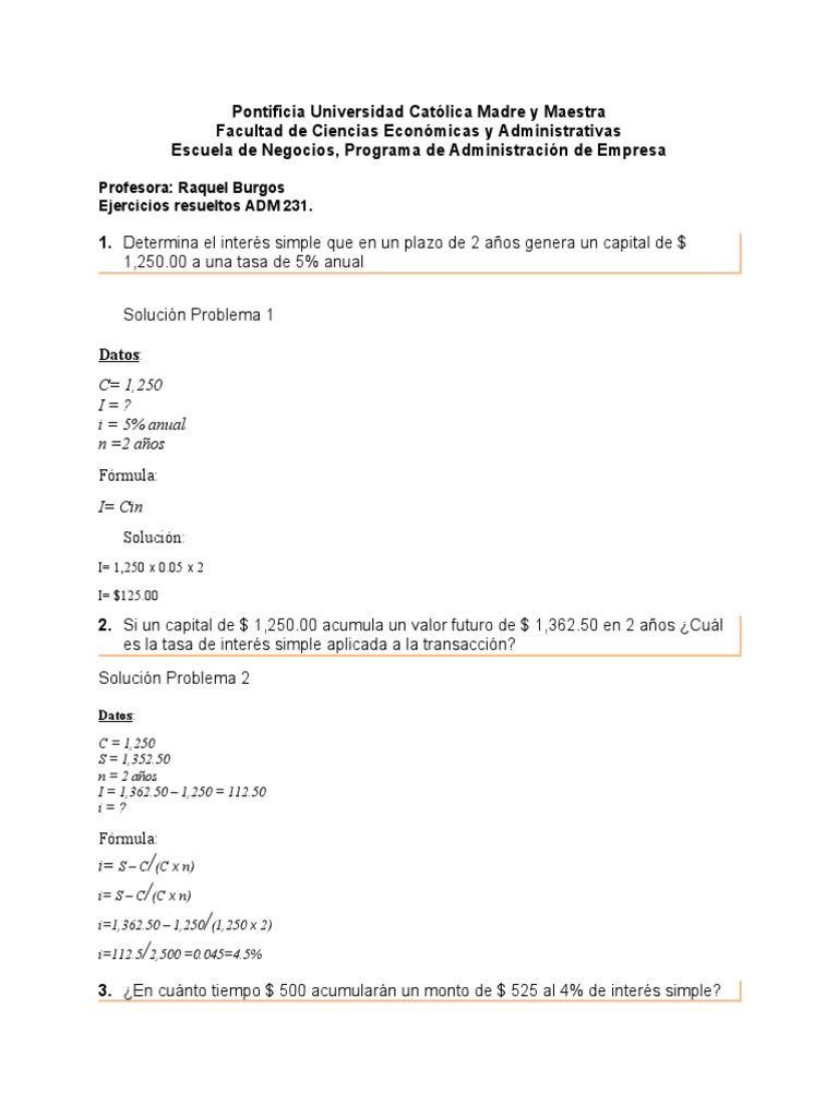 Ejercicios Resueltos de Interés Simple y Amortización | PDF | Interés | Amortización (Negocio)