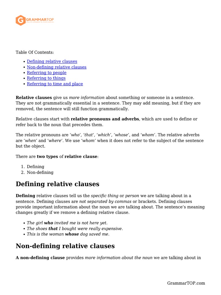 Relative Clauses Explained: Defining vs Non-Defining | PDF | Pronoun ...