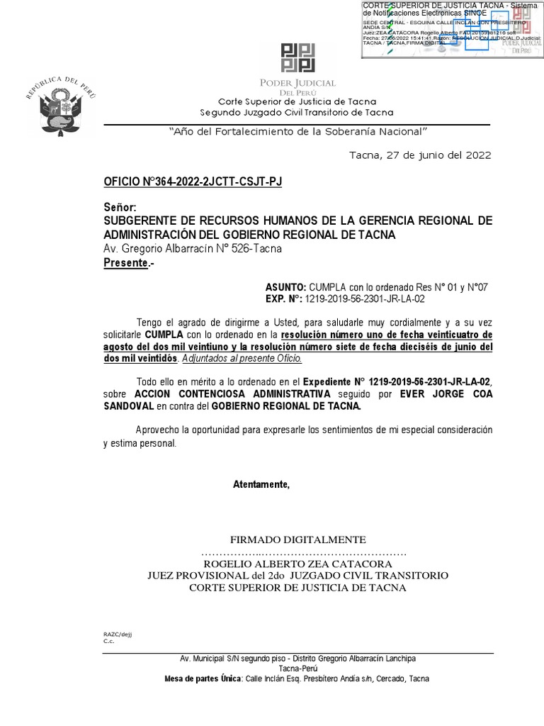 Oficio judicial solicitando al Subgerente de Recursos Humanos del Gobierno Regional de Tacna ...
