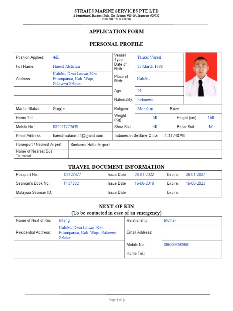 Straits Ms - Application Form | PDF | Ships | Water Transport