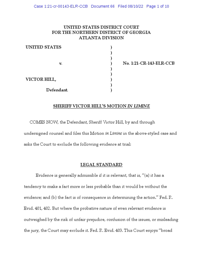 Defense Motion To Exclude Evidence/arguments in Victor Hill Trial | PDF ...